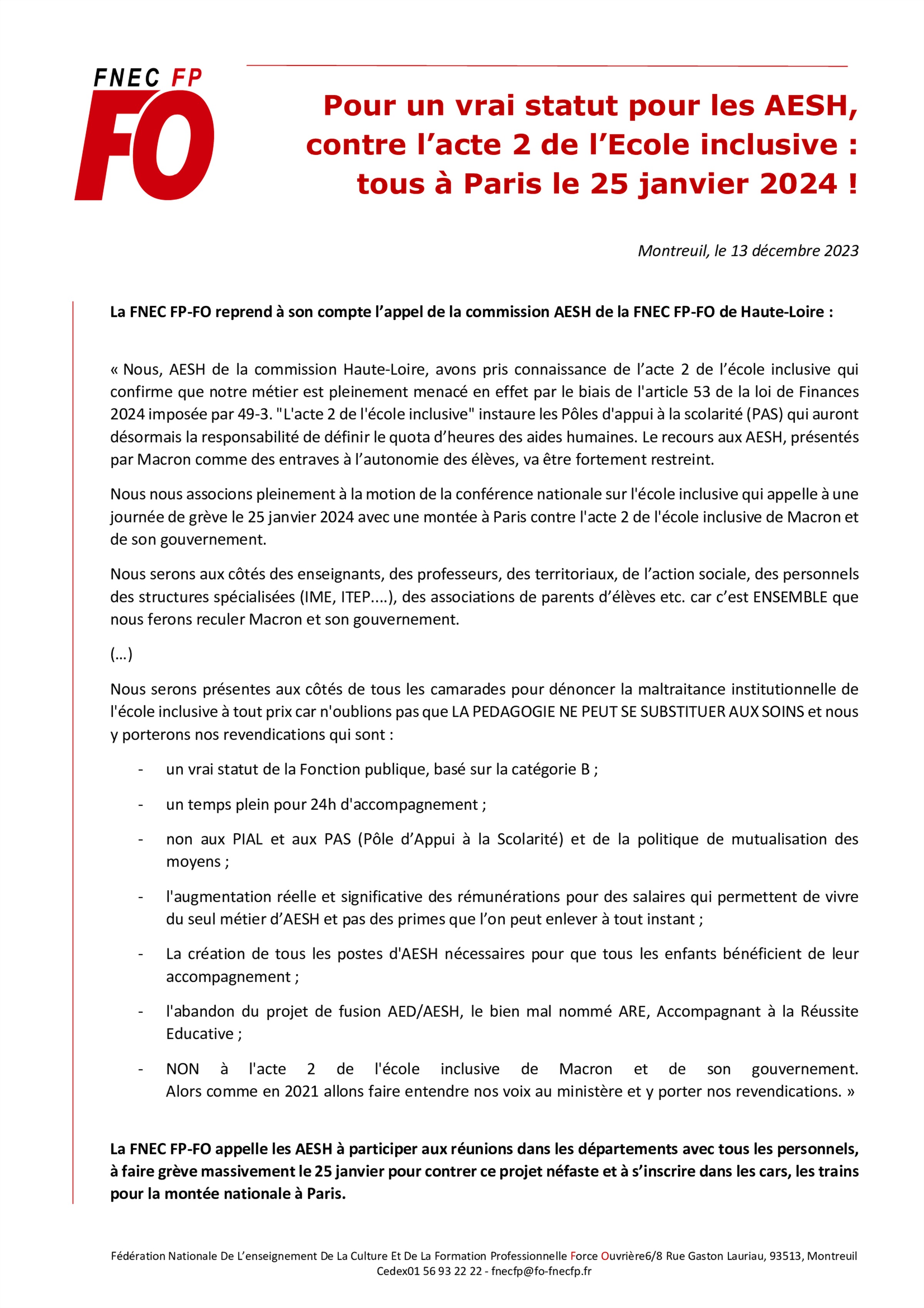 FNEC-FP FO : Pour un vrai statut pour les AESH, contre l’acte 2 de l ...